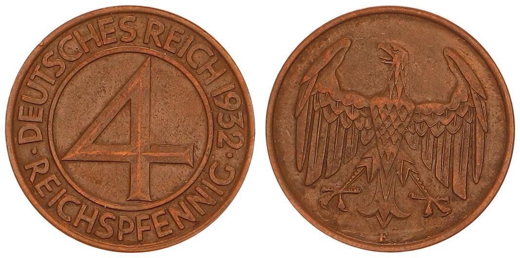 4 Pfennig Weimar 4 Reichspfennig 1932 F VF-EF | MA-Shops