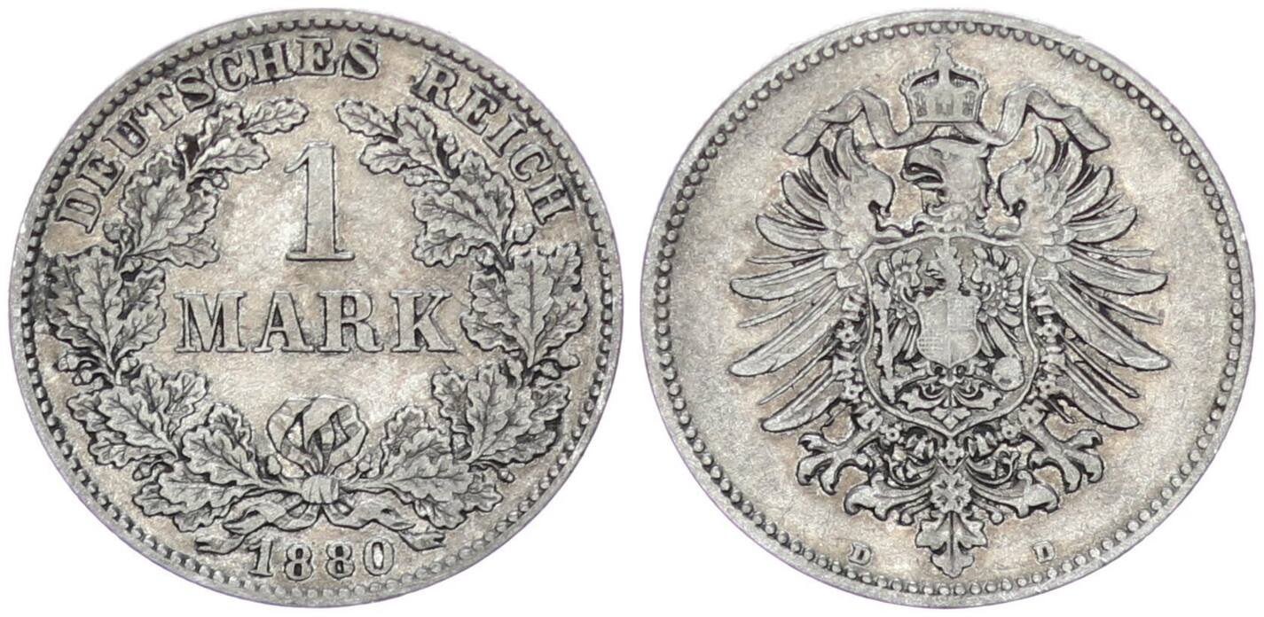 Deutsches Kaiserreich 1 Mark 1880 D 1 Reichsmark Silber kleiner Adler ...