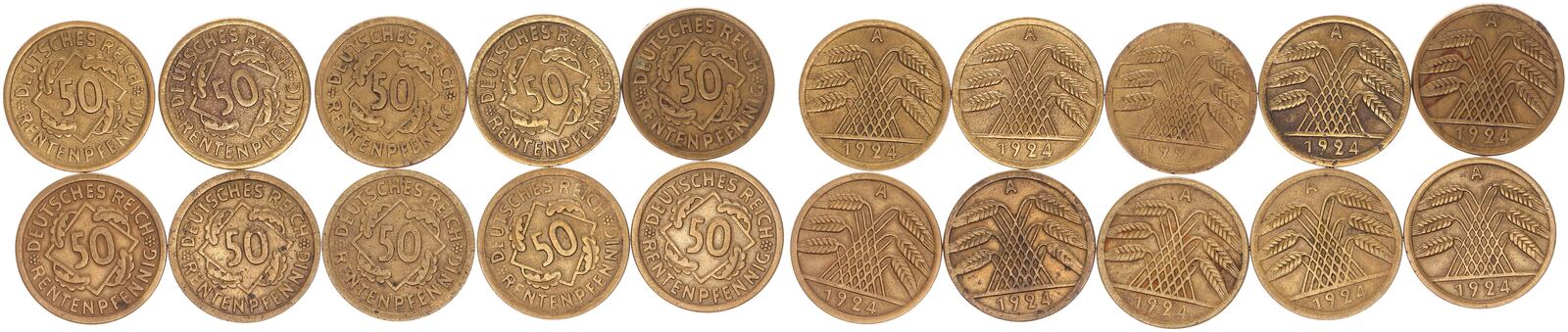 Deutschland / Weimar Weimar 10 x 50 Rentenpfennig 1924 A VF / VF-EF | MA-Shops