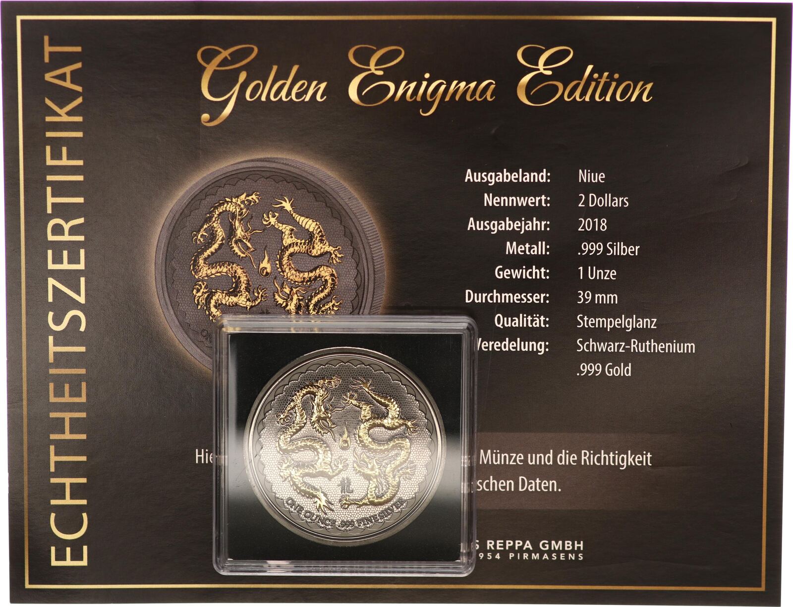 2 $ 1 Unze Silber 2018 Niue - Golden Enigma 1 Unze Silber 2 Drachen ...
