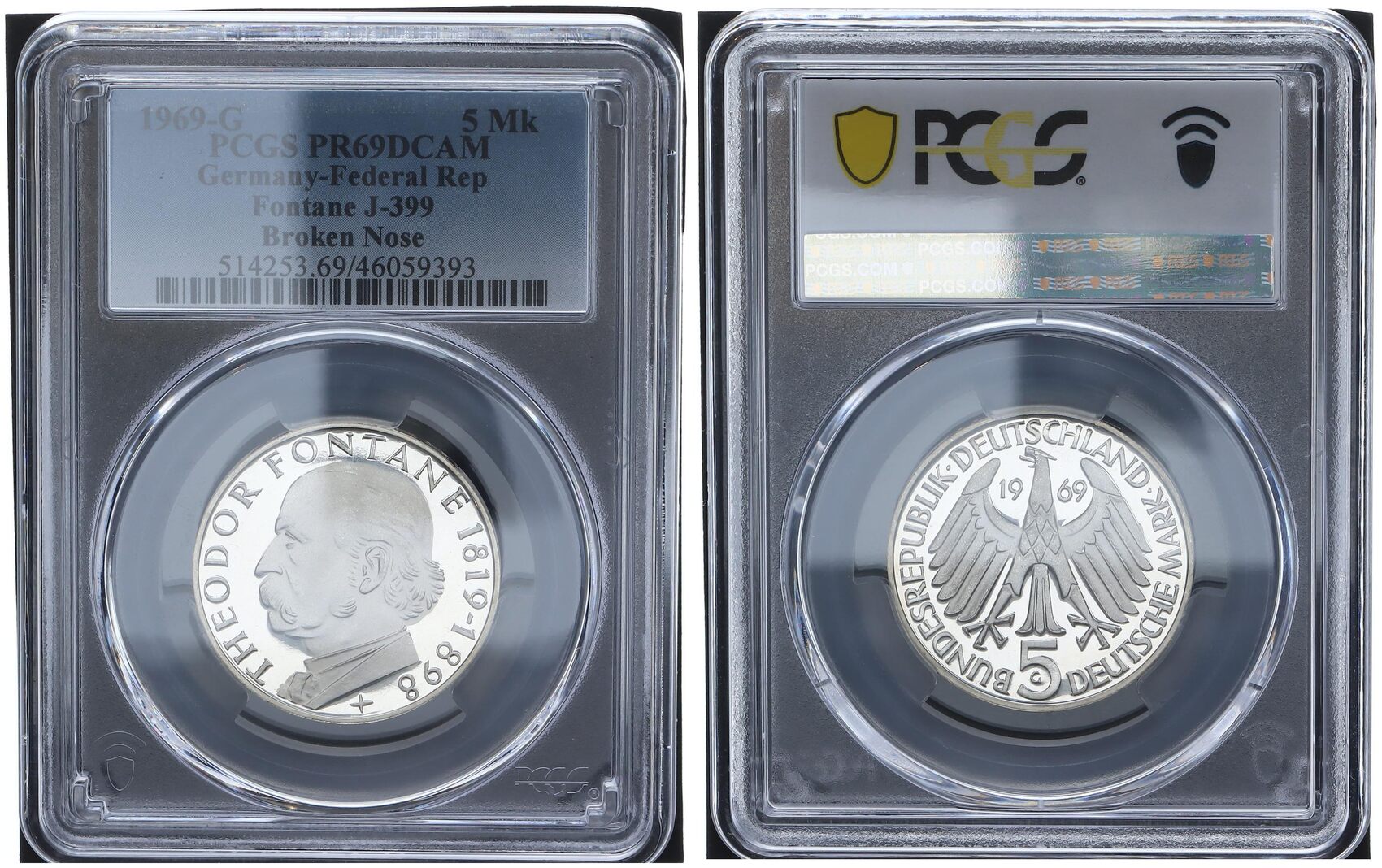 Germany-Federal Rep 1969-G 5 Mark 1969G Fontane Gedenkmünze Variante ...