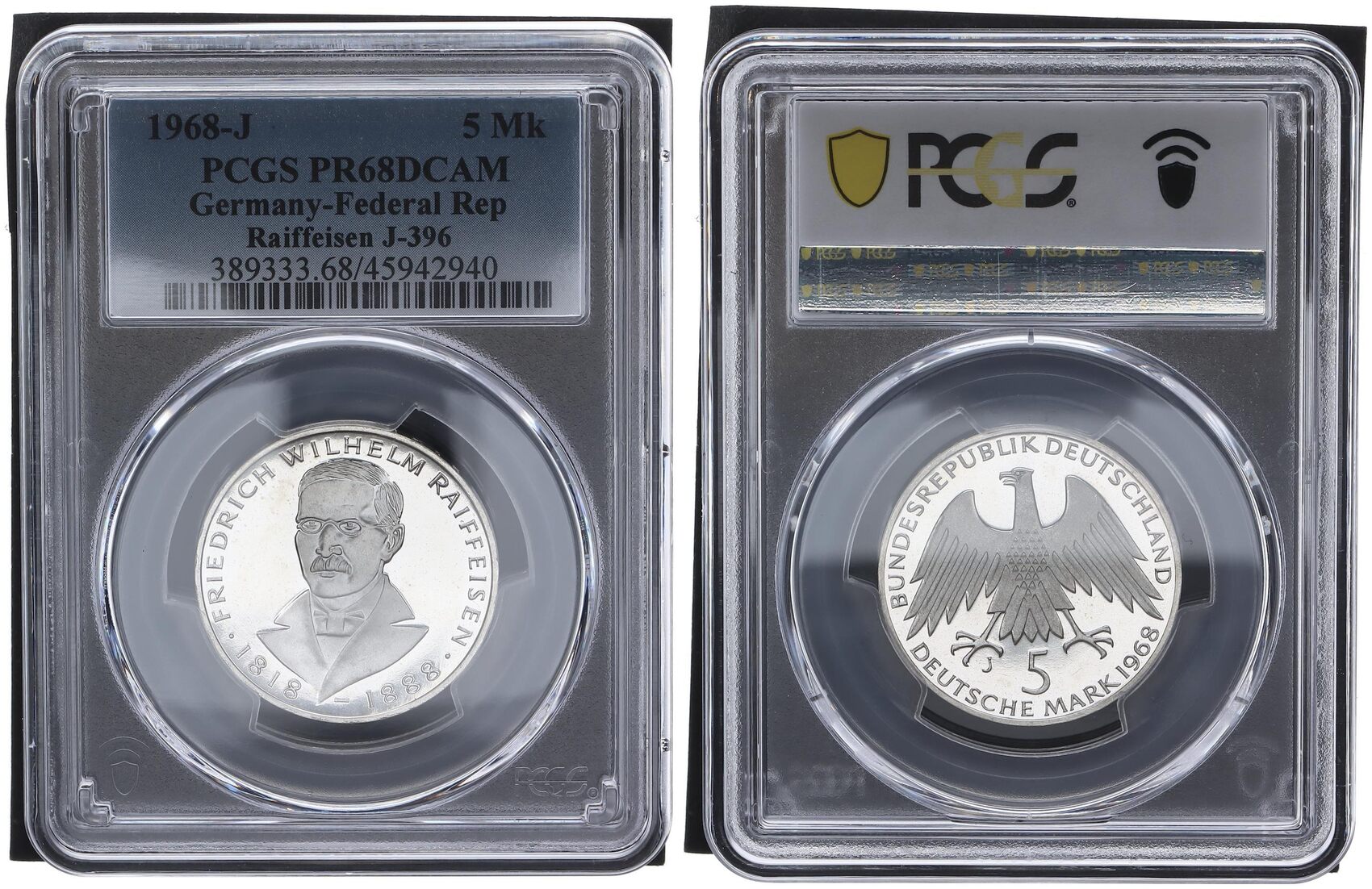 Germany-Federal Rep 1968-J 5 Mark 1968J Raiffeisen Gedenkmünze PCGS ...