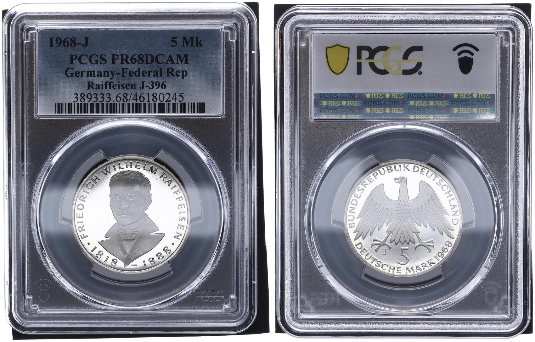 Germany-Federal Rep 1968-J 5 Mark 1968J Raiffeisen Gedenkmünze PCGS ...