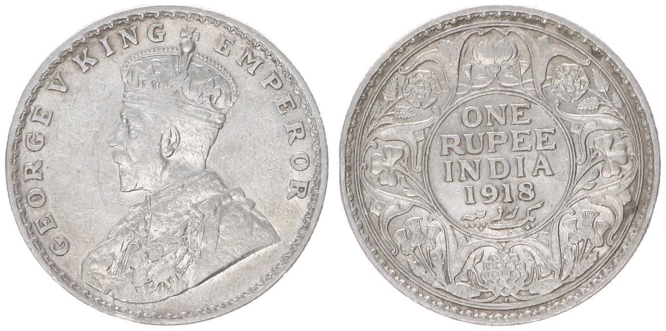 Indien - Großbritannien 1918 britisches Indien 1 Rupie Silber - Georg V ...