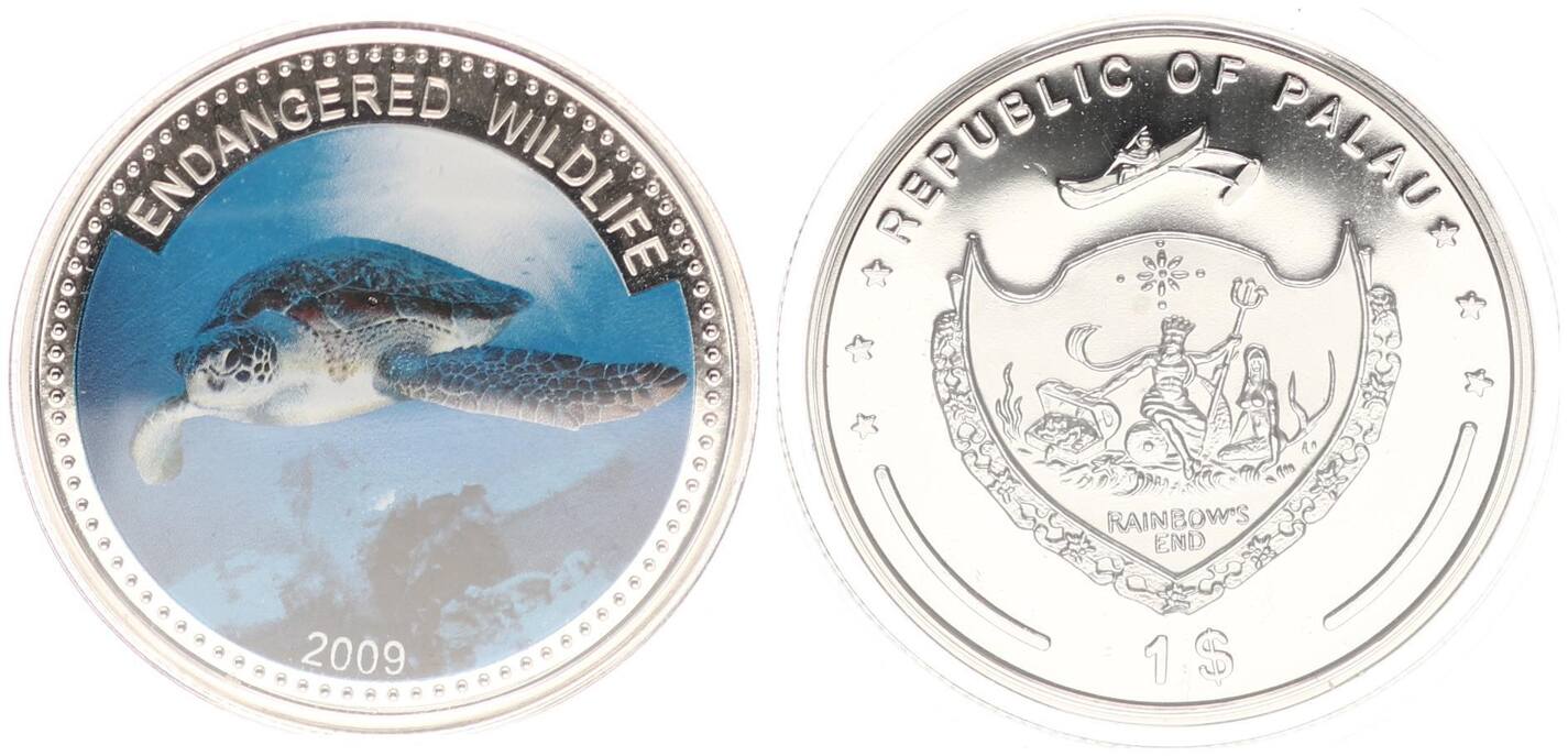 1 Dollar 2009 Farbmünze, Republic of Palau Green Turtle Proof, in ...