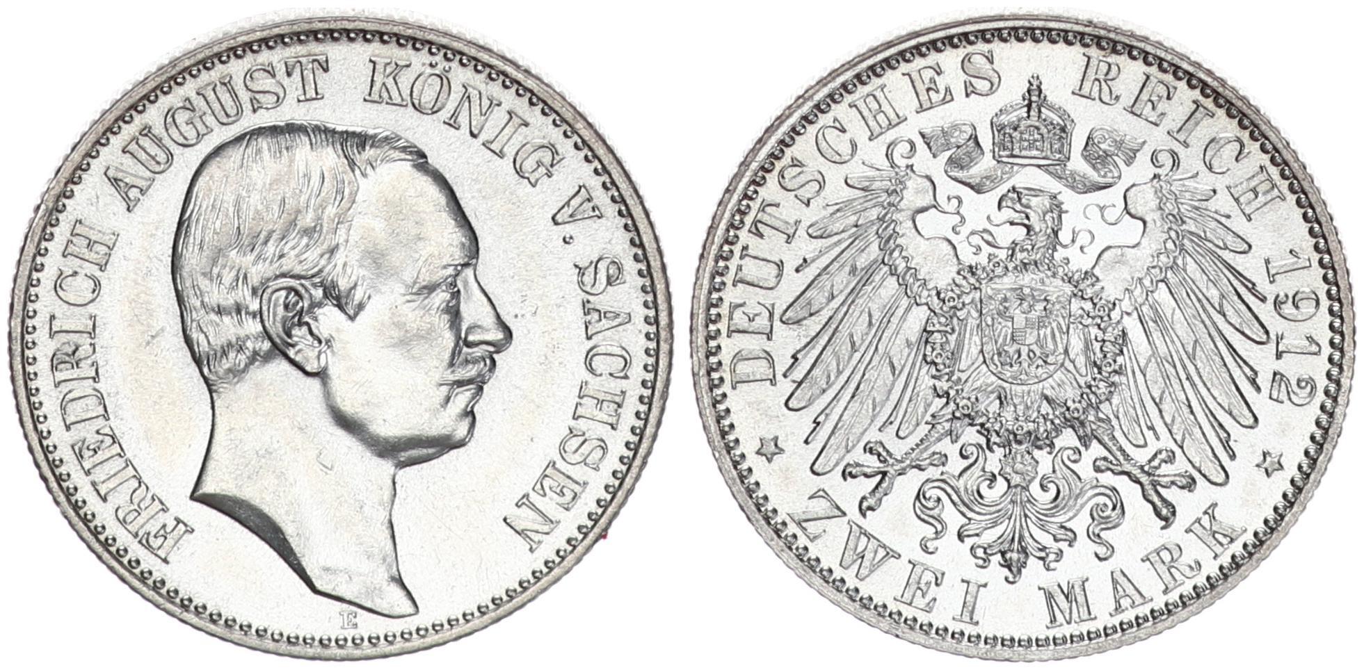 Sachsen - Deutsches Kaiserreich Kaiserreich 2 Mark Silber 1912 E Sachsen Friedrich August CH UNC ...