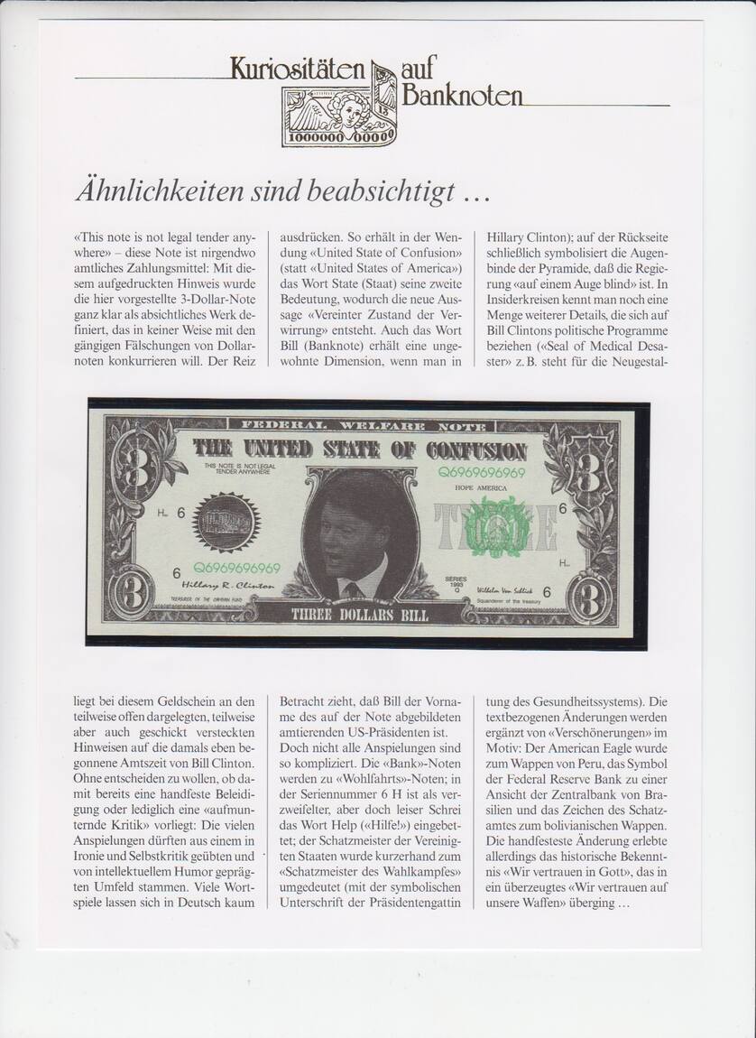 USA 3 Dollar Banknote Serie 1993 GEM UNC | MA-Shops