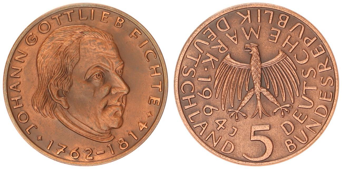 Bundesrepublik Deutschland 5 Mark Probe 5 Mark 1964 J Fichte Motivprobe ...