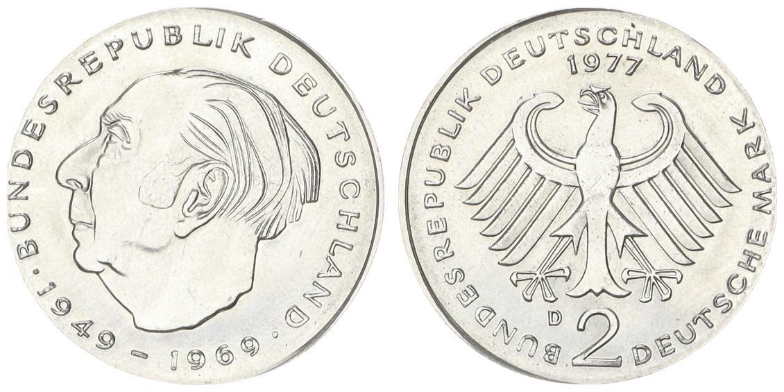 Deutschland 2 DM J.407 Heuss 1977 D, Fehlprägung, Schrötling zu klein ...