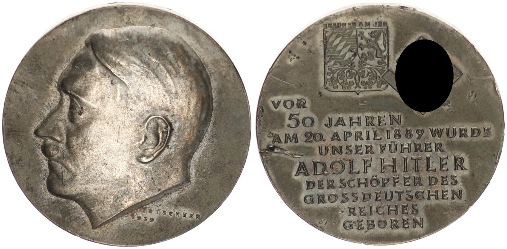 3. Reich 1939 Medaille auf den 50. Geburtstag des Führers VF Kratzer ...