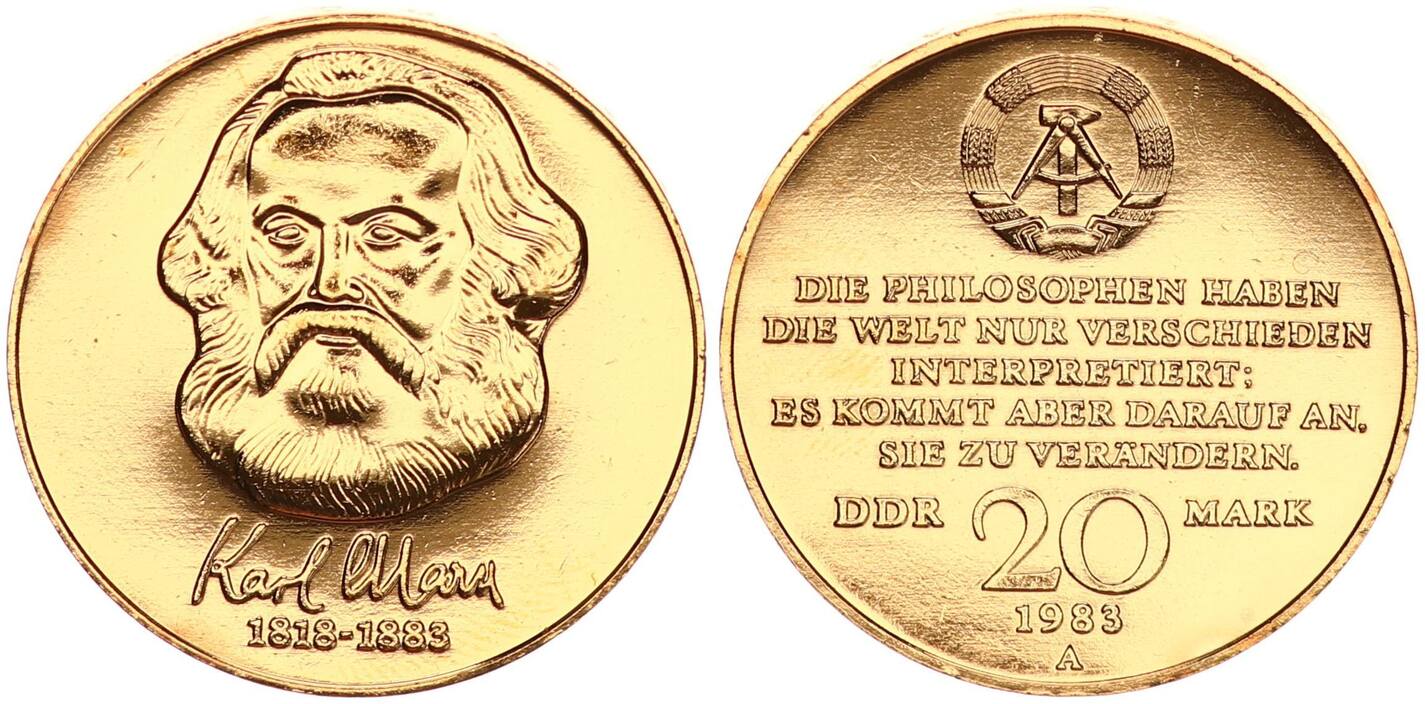 DDR 20 Mark 1983 Karl Marx 100. Todestag CH UNC, vergoldet | MA-Shops