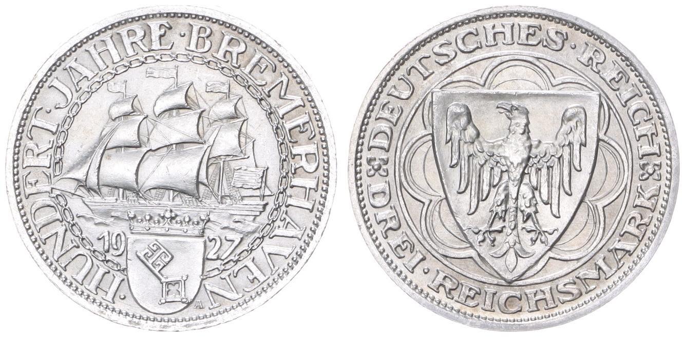 Weimarer Republik - Deutschland Weimar 3 Mark 1927 A - Bremerhaven CH ...