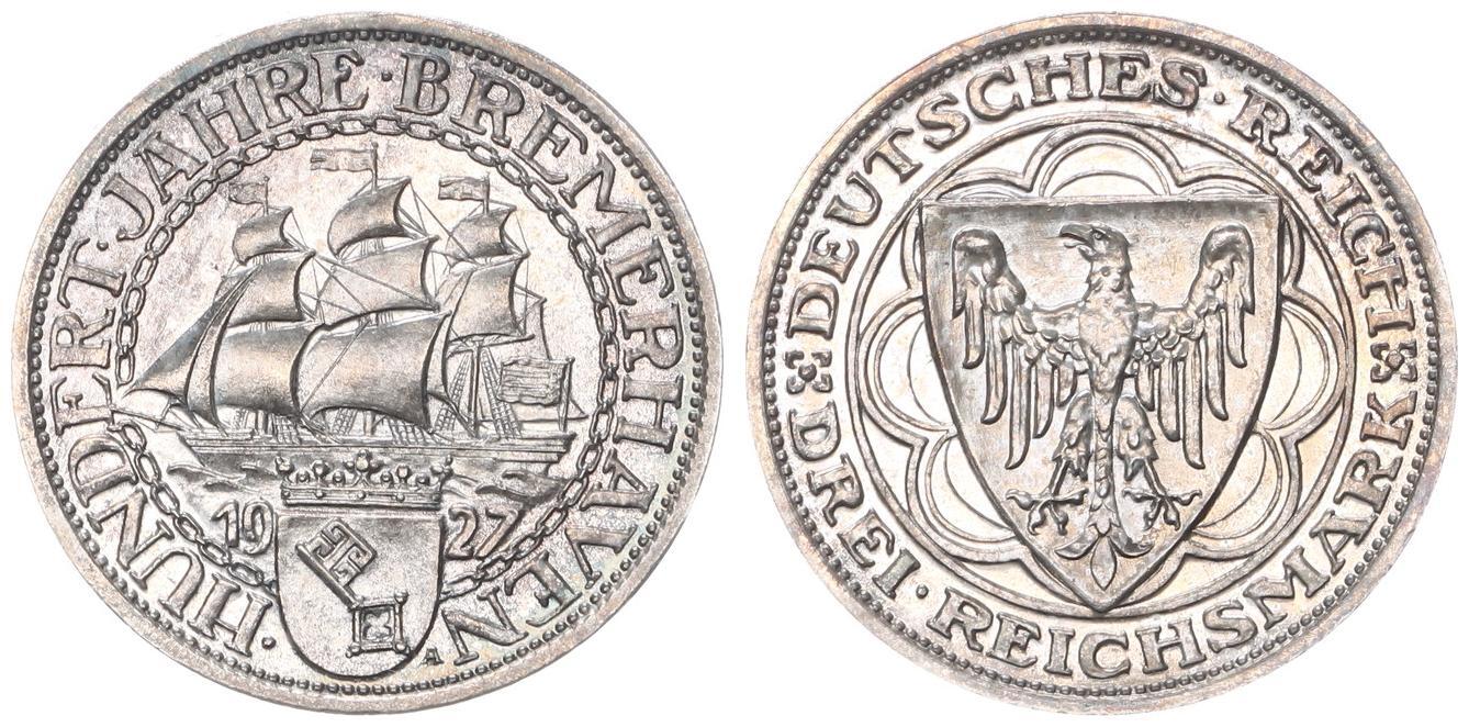 Weimarer Republik - Deutschland Weimar 3 Mark 1927 A - Bremerhaven ...