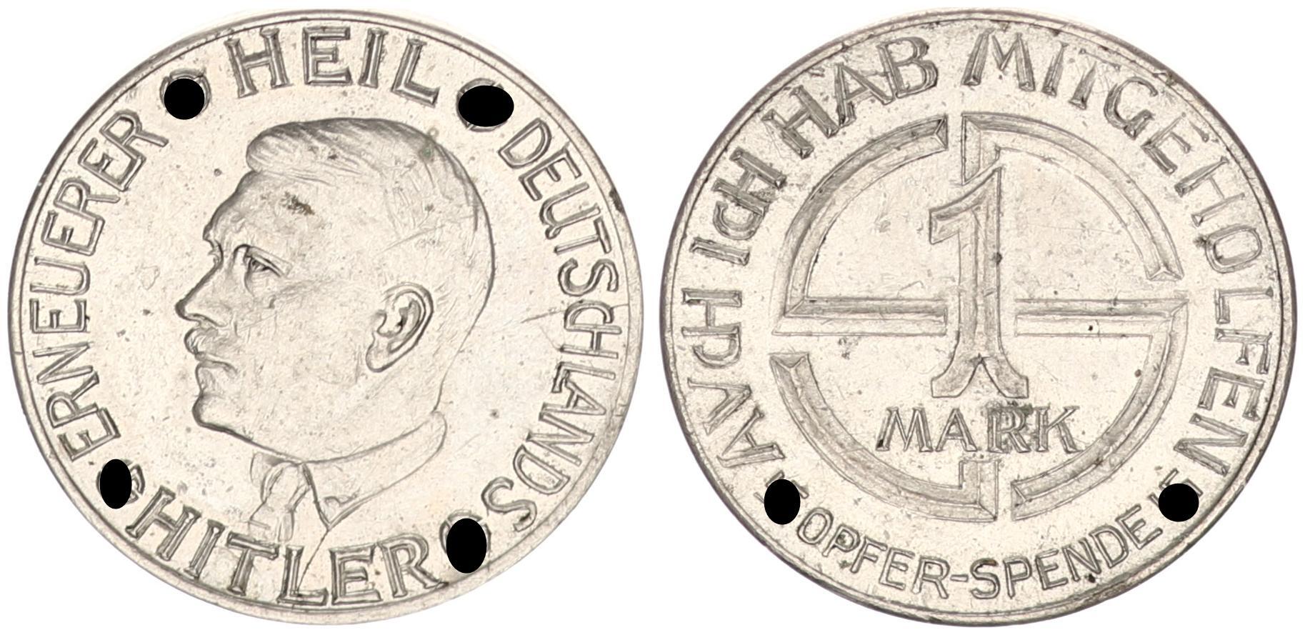 3.Reich Nickelmedaille Hitler 1 Mark Opferspende, 1933 UNC- | MA-Shops
