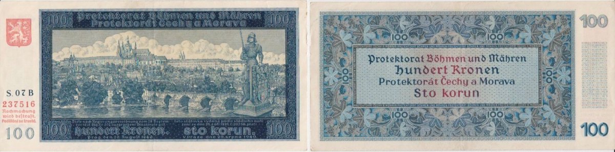 100 Kronen Protektorat B. u. M. Nebengebiete/ Böhmen und Mähren 20.08.1940, 100 Kronen ...