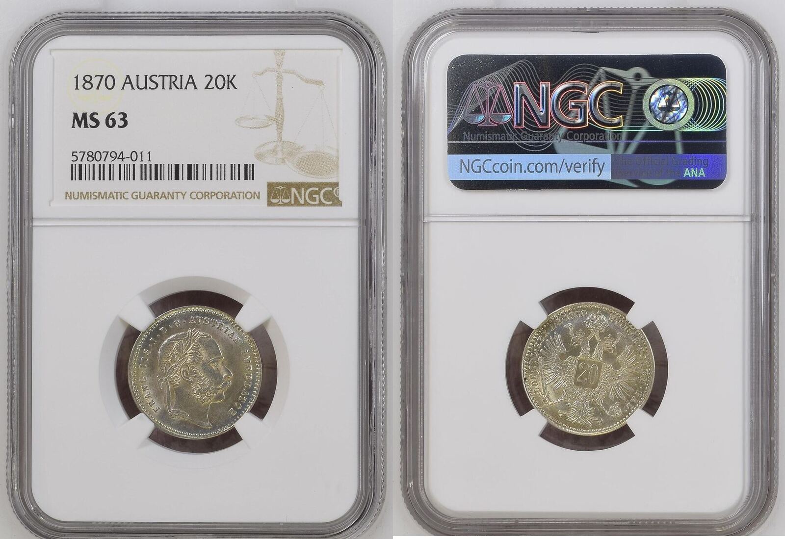 AUSTRIA 20 Kreuzer 1870 NGC MS 63 | MA-Shops