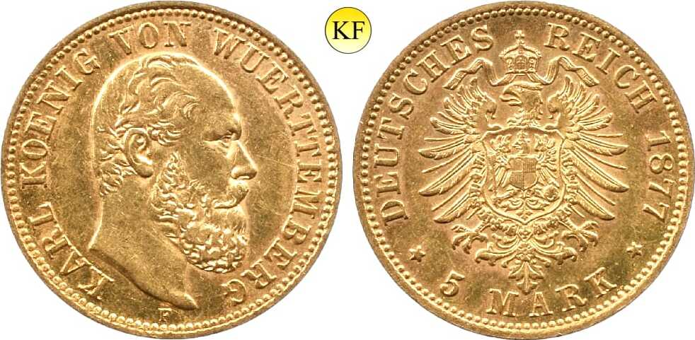 Deutsches Kaiserreich - Württemberg 5 Mark 1877 F Karl 1864-1891 AU ...