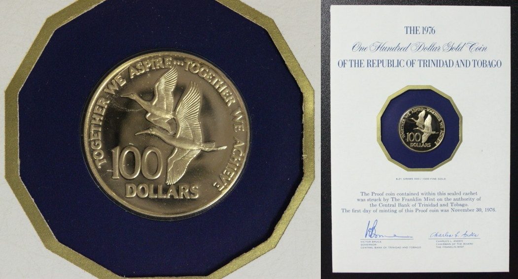 Trinidad & Tobago 100 Dollar 1976 Gold PP/ in Original-Münzkärtchen ...
