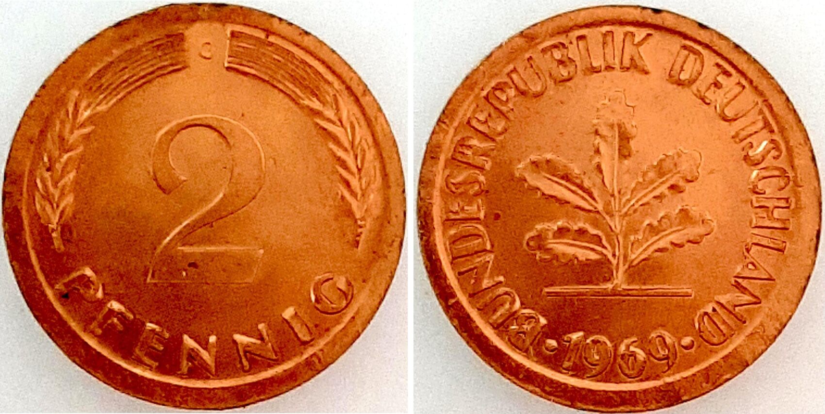 Deutschland 2 Pfennig 191969 G ohne Ring geprägt, selten aus Sammlung ...