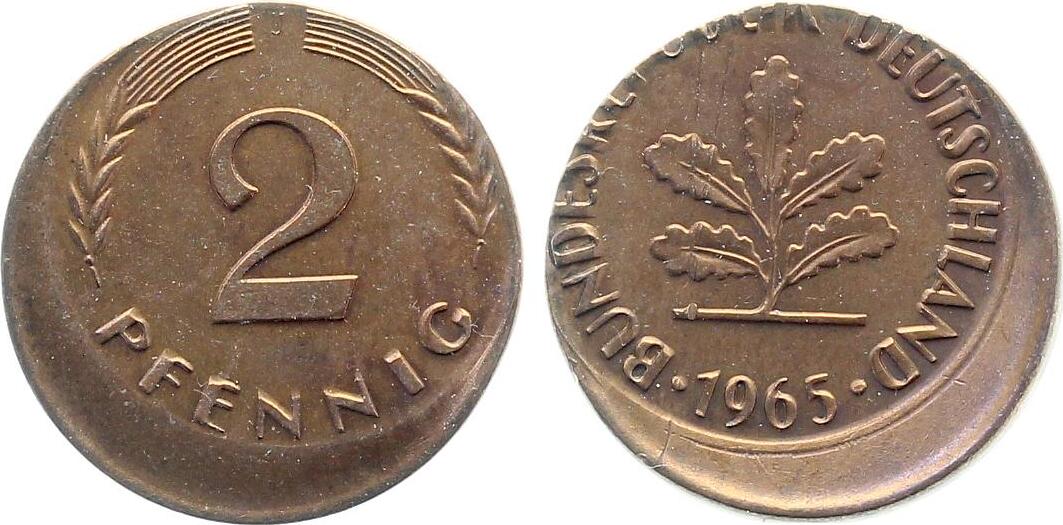 Deutschland Fehlprägung 2 Pfennig 1965 J dezentriert 15% J 381 CH UNC / vz | MA-Shops