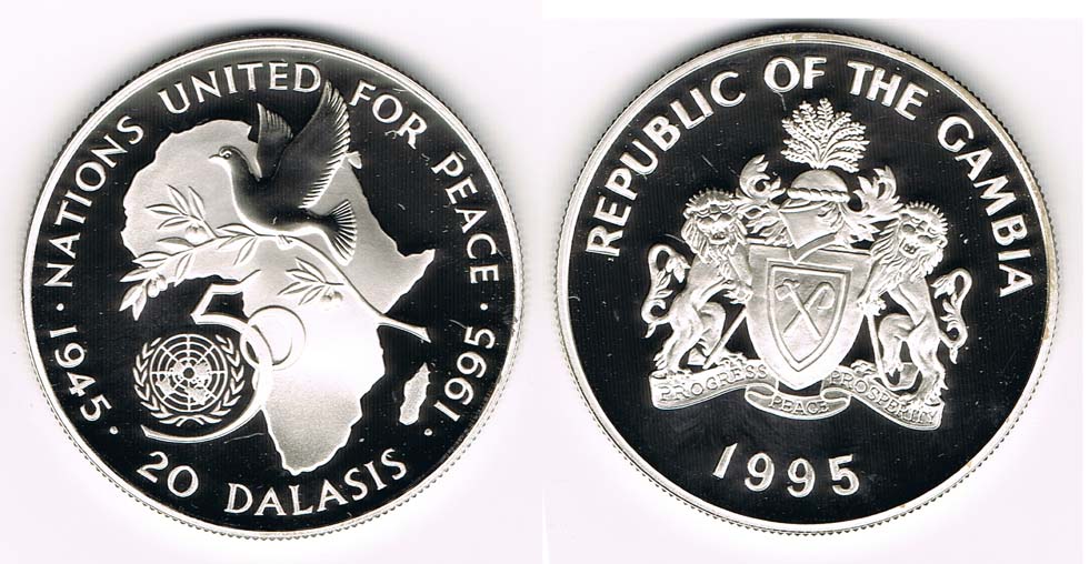 20 Dalasis 1995 Gambia, 20 Dallasis silver commemorative "50th ...