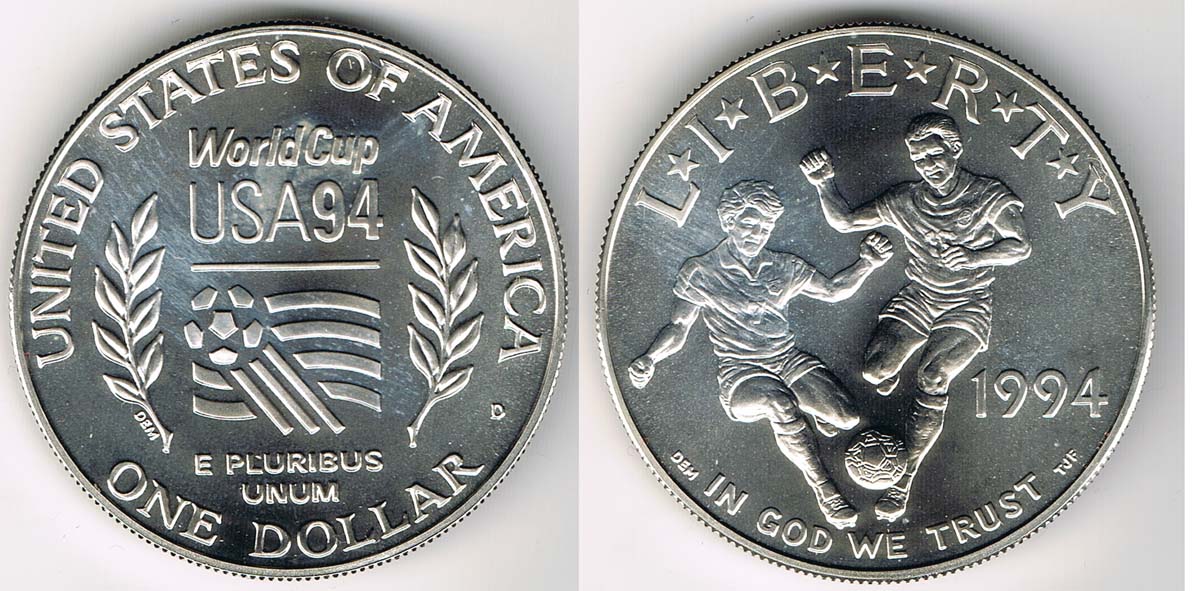 1994 D commemorative silver dollar 1994 "World Cup USA 1994", like scan ...