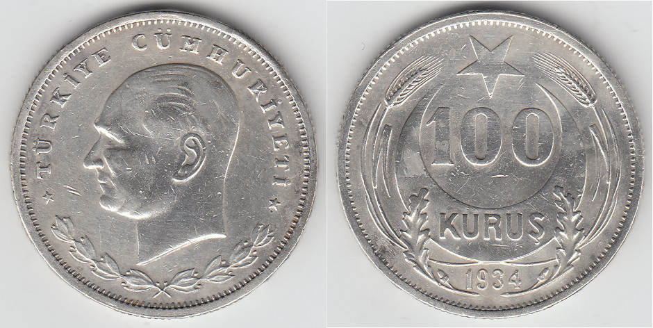 Türkei Turkey 1934, silver coin, 100 Kurus, like scan VF | MA-Shops