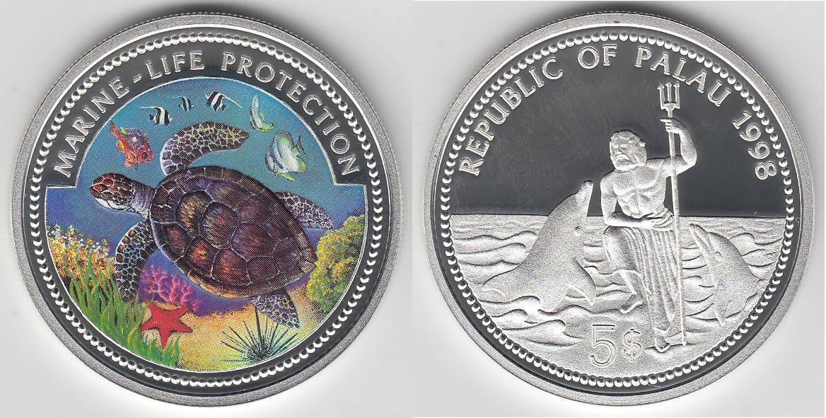 Palau Inseln 5 Dollars 1998 Republic of Palau, silver coin "Marine-Life ...