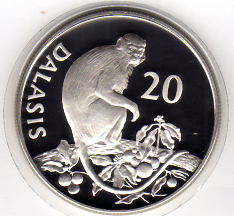 1987 Gambia, commemorative silver coin, 20 Dalasis "temminck's colobus ...