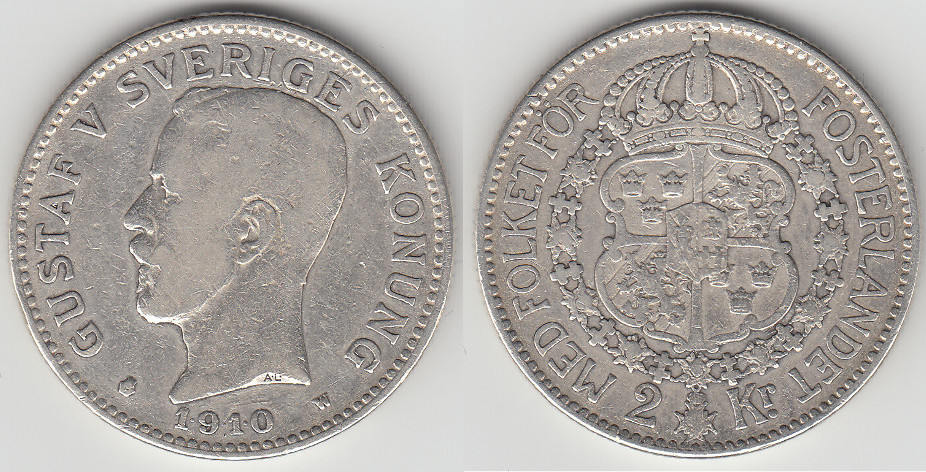 Schweden sweden silver coin 1910, 2 kronor, Gustaf V., like scan! VF ...