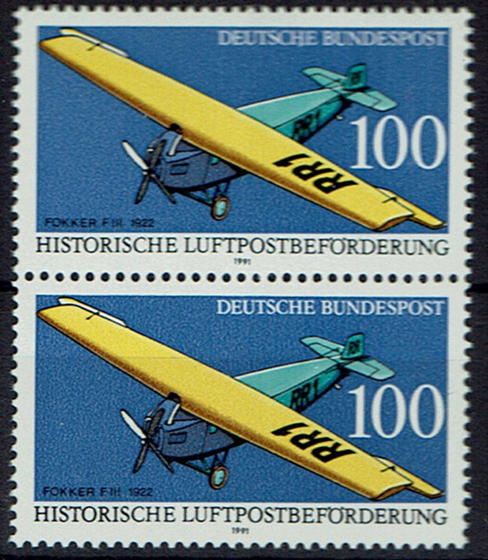 2 Werte 1991 BRD, Mi.-Nr. 1523 F 19 ,Paar Hist. Luftpostbeförderung / i ...