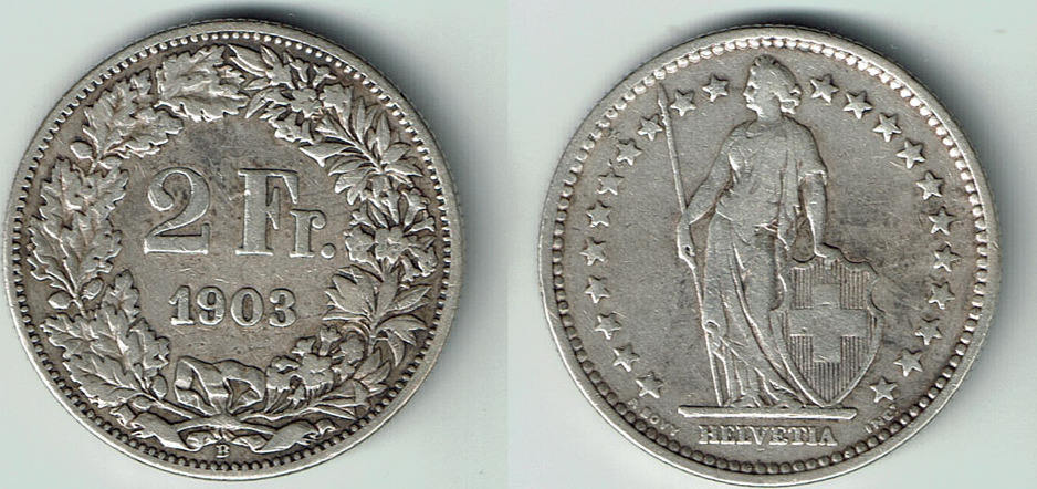 Schweiz Switzerland, silver coin, 2 Franken 1903 B, like scan VF- | MA-Shops