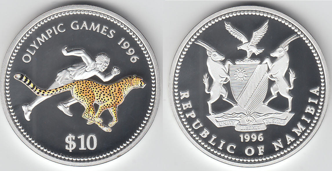 namibia silver commemorative coin, 10 dollars 1996, proof, partially ...