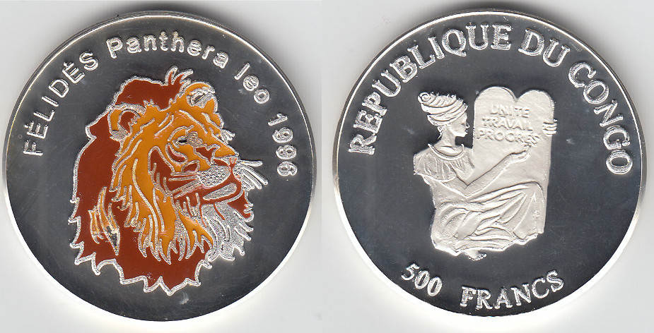 Republik Kongo 500 Francs 1996 congo commemorative coin "Lion", 1000 ...