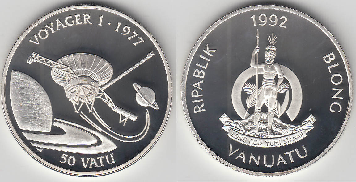 50 Vatu 1992 Vanuatu, silver coin "Voyager 1, 1977", like scan Proof ...