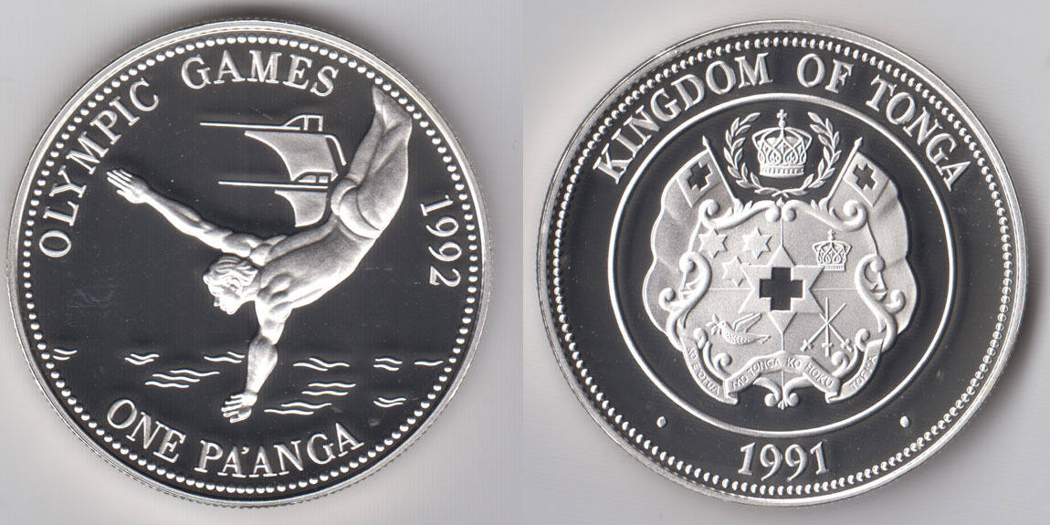 1 Paanga (Pa'anga) 1991 tonga, silver commemorative, olympia, like scan ...