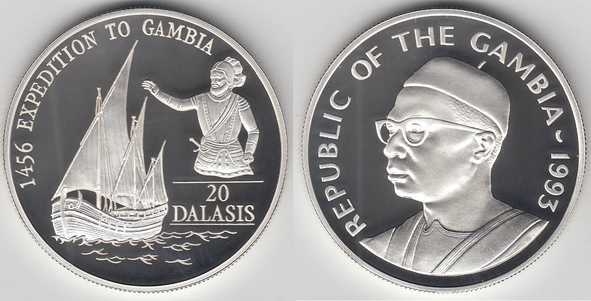 1993 Gambia, 20 Dalasis silver commemorative "1456 Expedition to Gambia ...