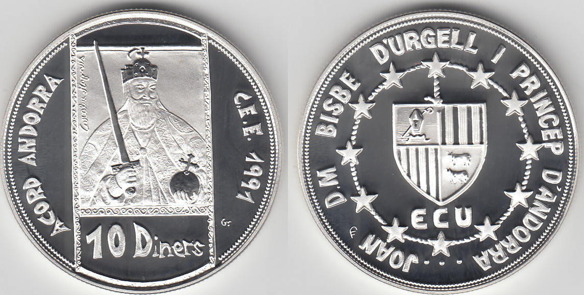 10 Dinar (10 Diners) 1991 andorra silver coin, 10 diners "ECU Customs ...