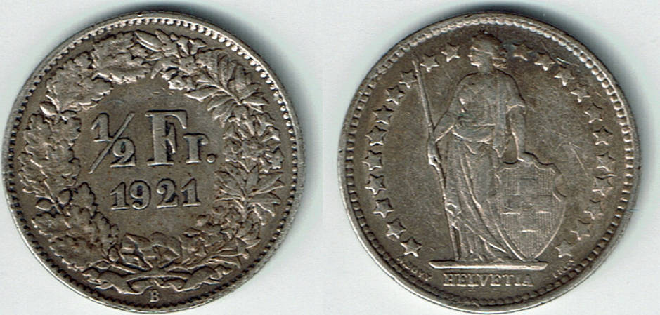 Schweiz Switzerland, silver coin, 1/2 Franken 1921 B, like scan VF | MA-Shops