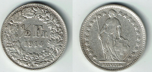 Schweiz Switzerland, silver coin, 1/2 Franken 1914 B, like scan VF | MA-Shops