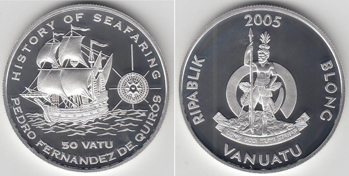 50 Vatu 2005 vanuatu, silver coin "Pedro Fernandez de Quiros", like ...
