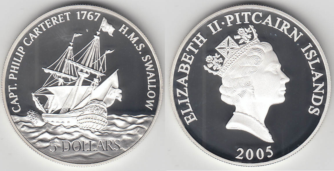 Pitcairninseln 5 Dollars 2005 pitcairn islands, silver coin "hms ...