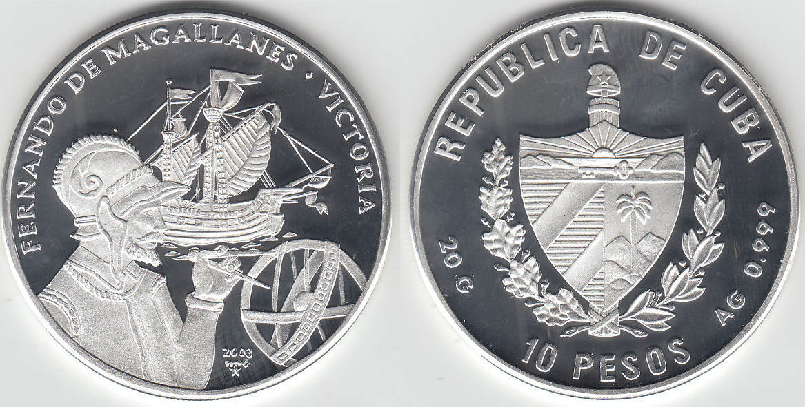 Kuba 10 Pesos 2003 cuba, silver coin, "magellan / sailship victoria ...