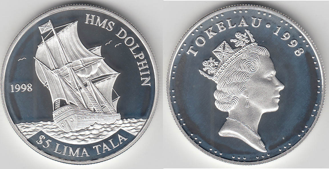 5 Lima Tala 1998 Tokelau, silver coin, "sailing ship hms dolphin", like ...