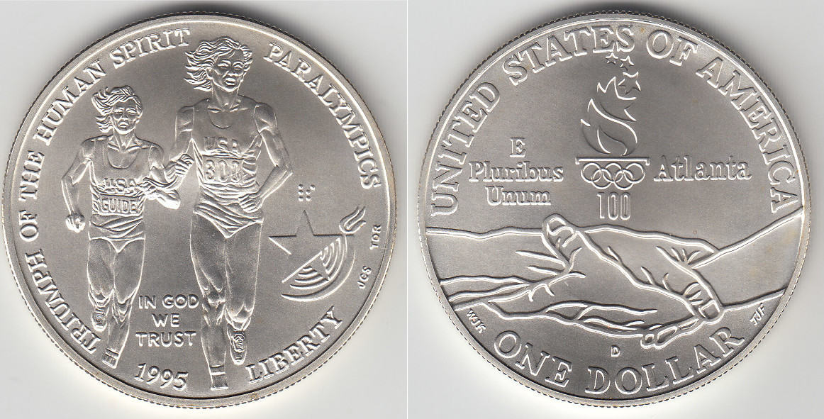 1 Dollar 1995 D USA, silver coin olympic games atlanta - blind runners ...