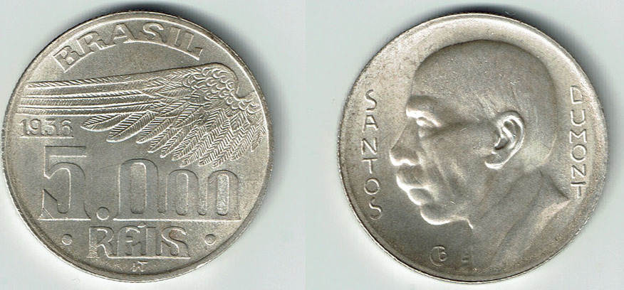 Brasilien brazil, silver coin 1936, 5000 Reis, Alberto Santos Dumont ...