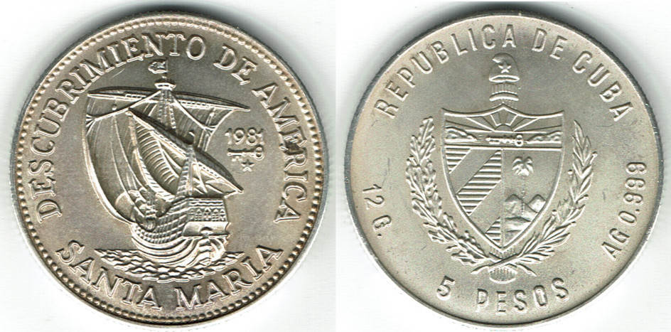 Kuba 5 Pesos 1981 Cuba, silver coin, discovery of america, columbus ...