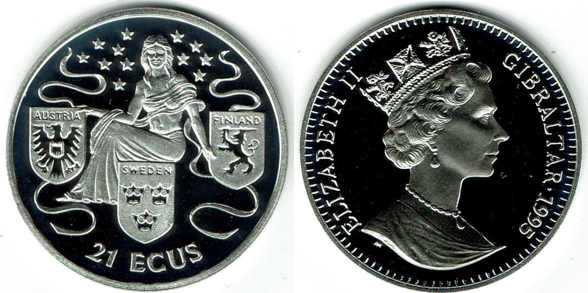 21 ECU 1995 gibraltar - silver commemorative coin "ECU - Europe" Proof ...