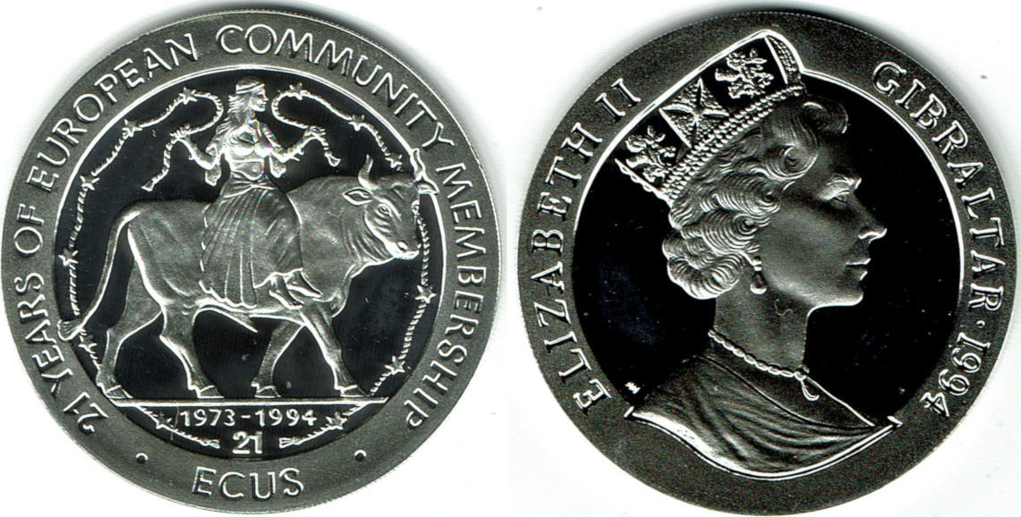 21 ECU 1994 gibraltar - silver commemorative coin "ECU - Europe" Proof ...