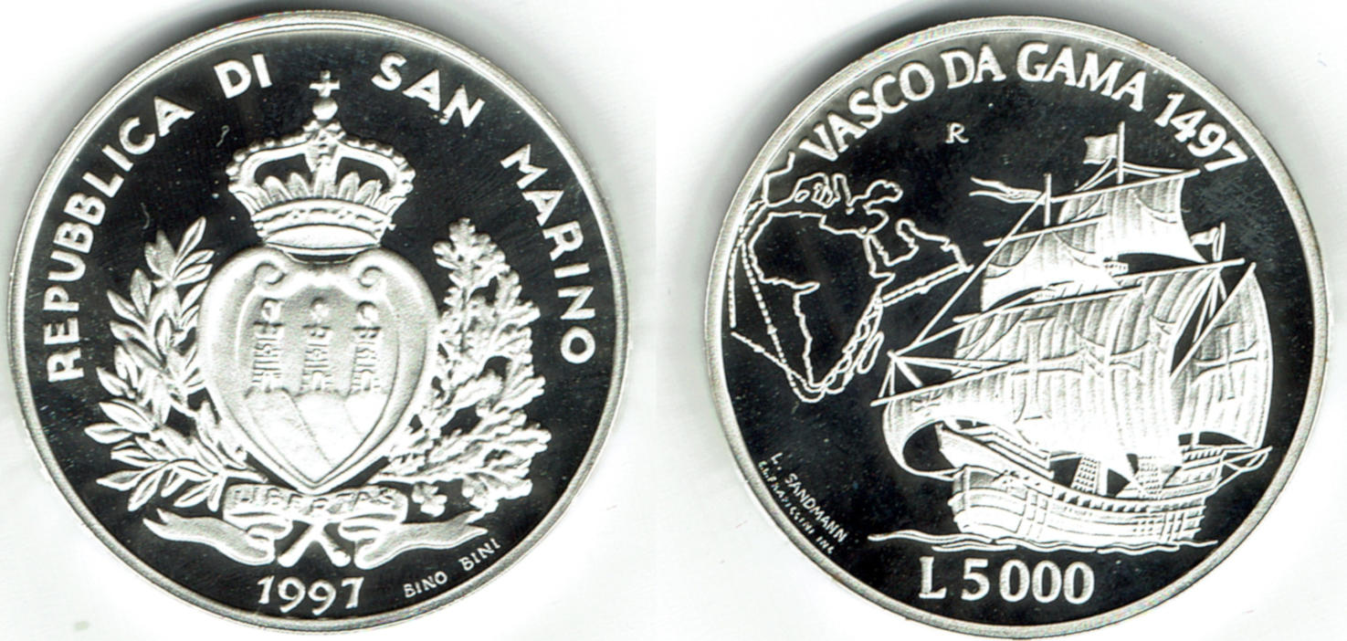 5000 Lire 1997 san marino silver commemorative coin "Sailship - Vasco ...